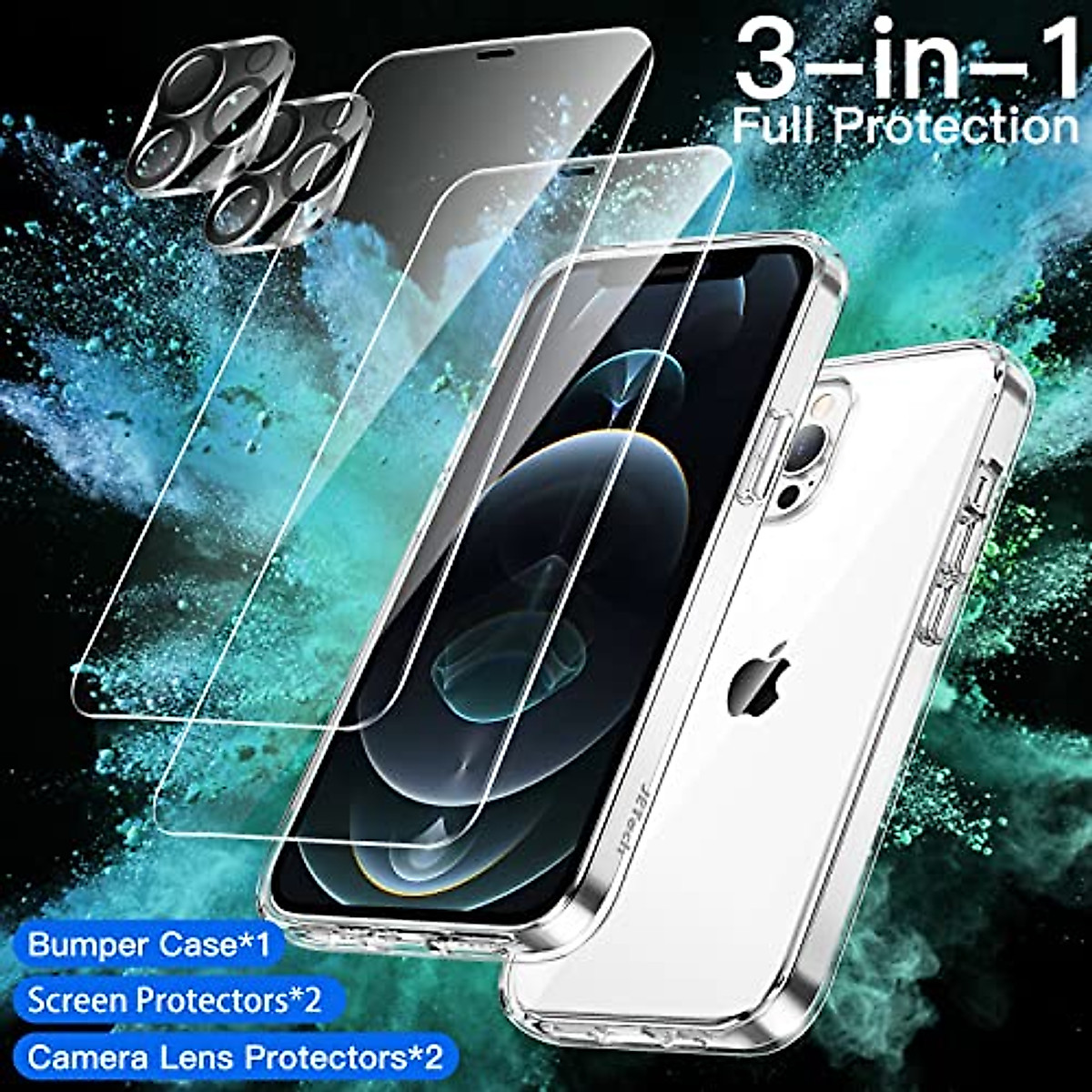 JETech 3 in 1 Case for iPhone 12 Pro 6.1-Inch, with 2-Pack Screen Protector and 2-Pack Camera Lens Protector, Non-Yellowing Shockproof Bumper Phone Cover, Full Coverage Tempered Glass Film (Clear)