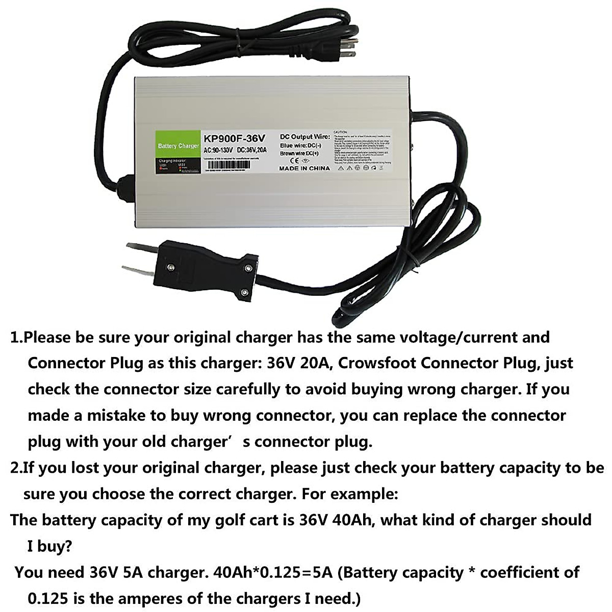 aunstarwei 36V 20A Golf Cart Battery Charger with Crowsfoot Style Connector Crowfoot Plug