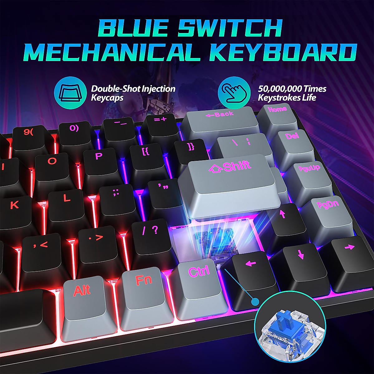 Taiahiro 60% Mechanical Gaming Keyboard, RGB Backlit 68 Keys Ultra-Compact Wired Keyboard with Blue Switch, Full Anti-Ghost, Type-C, Portable Mini Office Keyboard for PC Laptop Win/Mac, Black&Gray