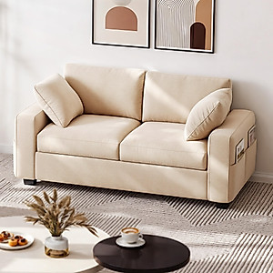DWVO 60" Sofa, Comfy Upholstered Sofa Couch with Extra Deep Seats, Modern Loveseat for Living Room Apartment Office, Fabric 2 Seater Couch with Side Pockets, Easy Assembly, Beige Chenille