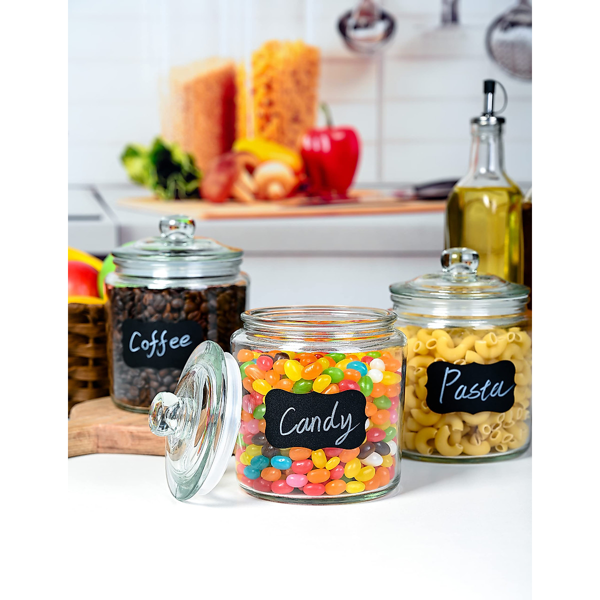Glass Cookie Jar -2x 1/2 Gallon (64oz) & 1/4Gallon (32oz) - Glass Apothecary Jars With Lids - Canister Sets For Kitchen Counter - Glass Candy Jars - Glass Canisters Set Of 4 - Sugar Containers For Countertop (Glass Jars with labels)