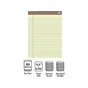 Staples 100% Recycled 8-1/2" x 11 3/4", Canary, Perforated Notepads, Narrow Ruled, 12/Pack