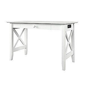 AFI 48" Solid Wood Writing Desk - Sturdy X Design - Home Office Desk with Drawer, Laptop Computer Work Study Table with USB Charger White