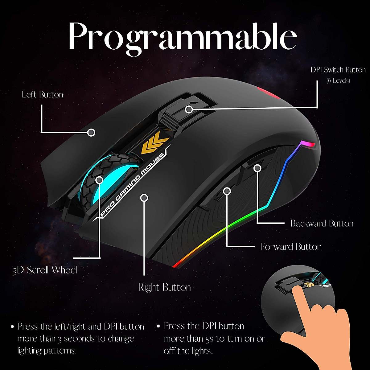 HP Wired Gaming Mouse LED RGB Backlit Adjustable 6200 DPI 6 Programmable Buttons Ergonomic USB Mice for Gamers