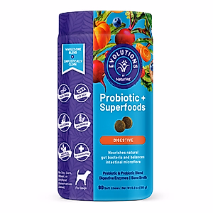 NaturVet Evolutions Probiotic & Superfoods 90ct Soft Chews for Dogs - Prebiotic & Probiotic Blend, Digestive Enzymes, Bone Broth, Omega's - Nourishes Natural Gut Bacteria and Intestinal Microflora