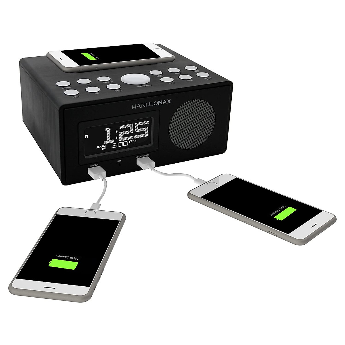 HANNLOMAX HX-202Qi Alarm Clock Radio, Wireless Charging, Bluetooth, 10W Output Power, Dual USB Ports for Charging and MP3 Playback, Temperature, Nightlight, Time Zone, Aux-in. (Black)