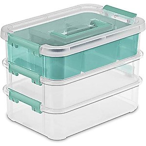 Tribello Plastic Storage Containers 3 Layer Handle Box, with Divided Top Bin, Store Small Items, Sewing Supplies, Art & Craft Supplies, and Ornament Organizer - Clear Carrying Case