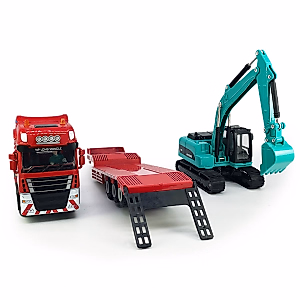 Flatbed Truck Toy with Crawler Excavator Toy Tractor Semi Tow Truck Transport Trailer Metal Diecast Construction Vehicles 2 in 1 Vehicle Playset Friction Powered Toy Trucks for Boys Kids Gift, red