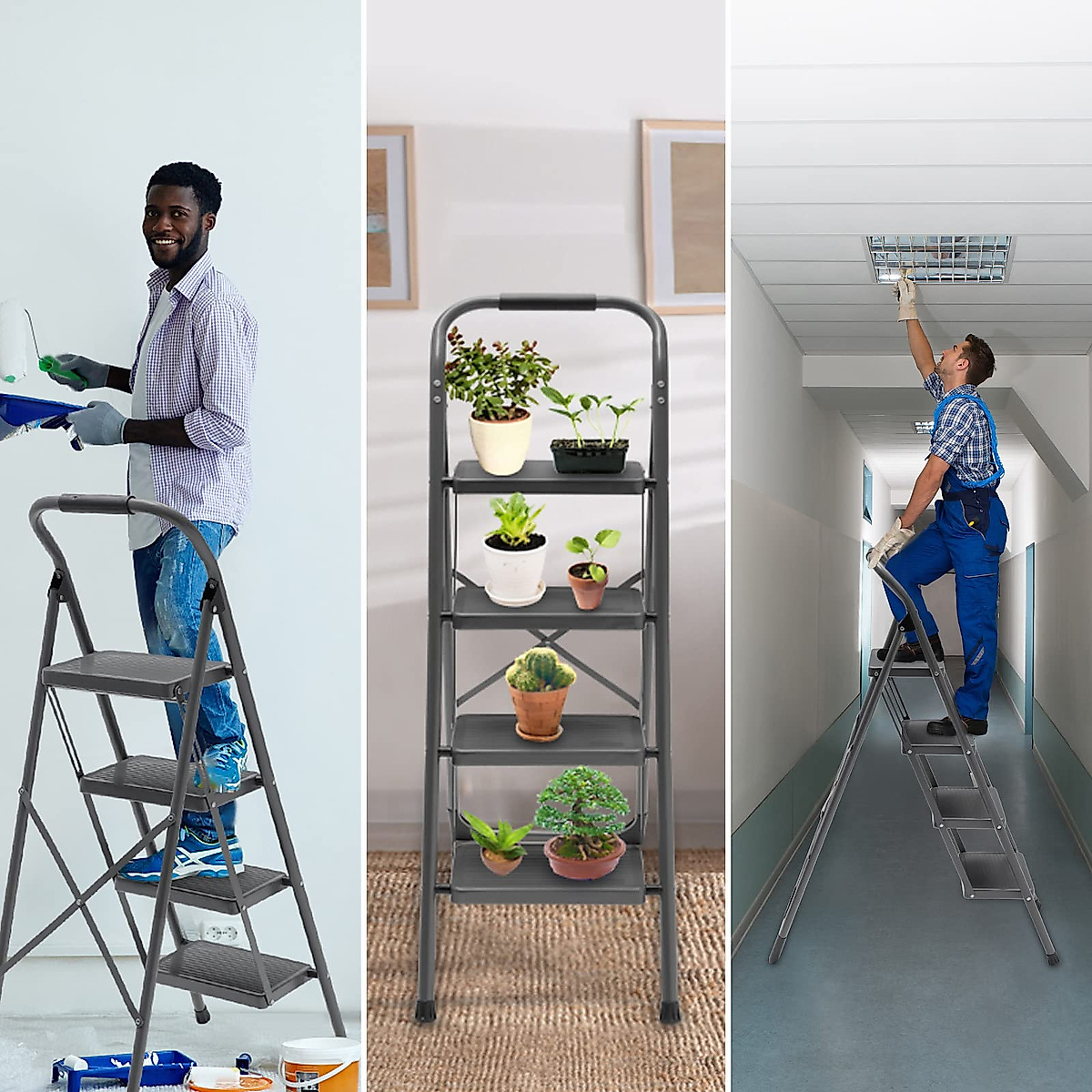 4 Step Ladder, Alohappy Folding Step Stool with Wide Anti-Slip Pedal, 500 lbs Sturdy Steel Ladder with Handgrip, Lightweight Portable Steel Step Stool for Household, Kitchen, Office Step Ladder (Grey)