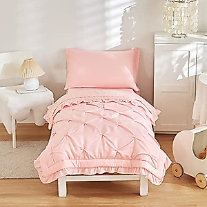 4 Pieces Pinch Pleated Toddler Bedding Set with Ruffle Fringe, Solid Color Pink Unisex Pintuck Toddler Sheet Sets for Baby Girls, Includes Comforter, Flat Sheet, Fitted Sheet and Pillowcase