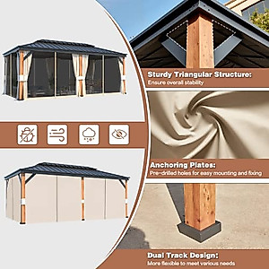 YOLENY 12' x 20' Ultra-thick Columns and Beams Hardtop Gazebo with Faux Wood Grain Aluminum Frame, Vertical Stripe Galvanized Steel Double Roof, Outdoor Patio Gazebo Pergolas with Netting and Curtains