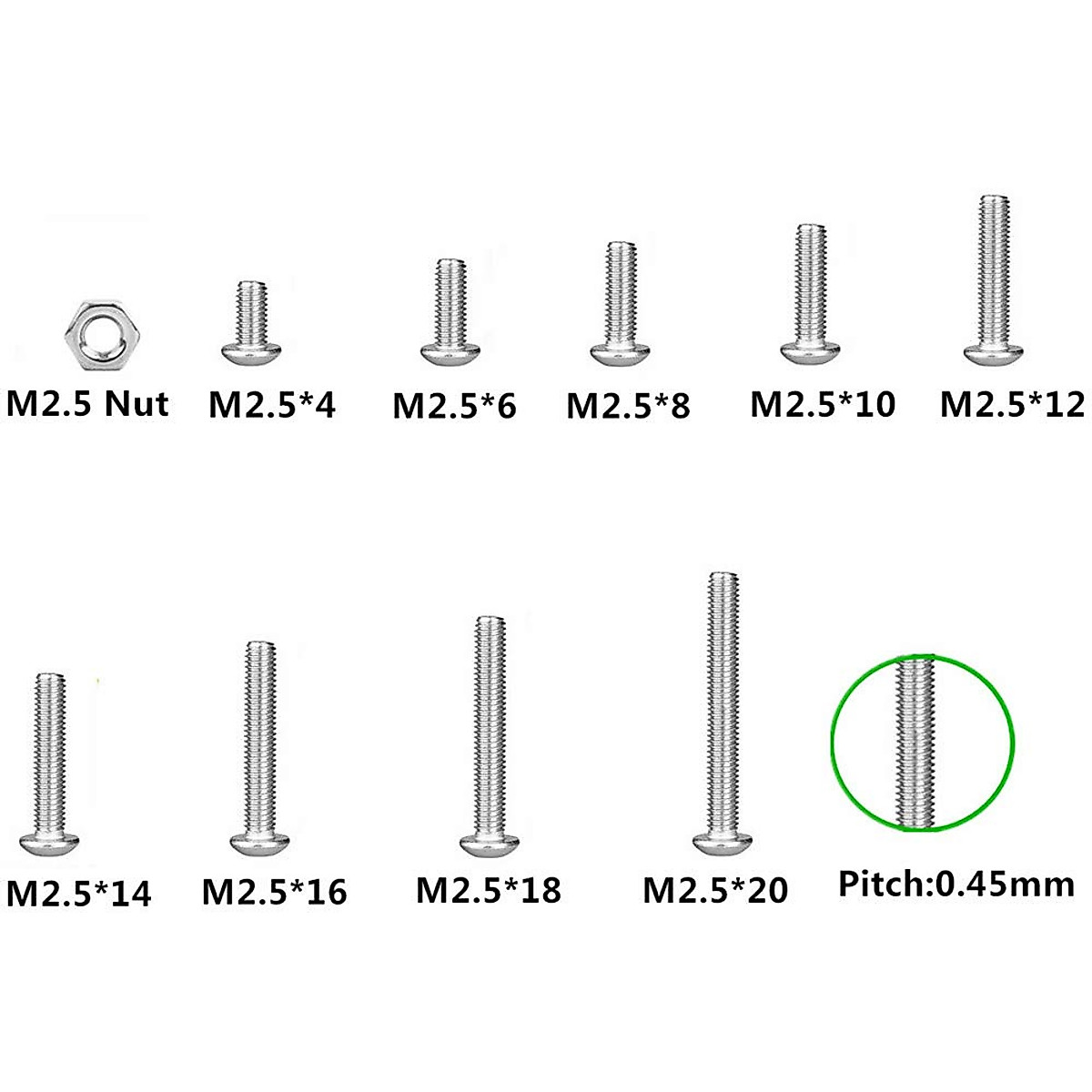Guard4U 300Pcs Metric M2.5 304 Stainless Steel Button Head Hex Socket Cap Bolts Screws Nuts Assortment Kit- M2.5 x 4mm/ 6mm/ 8mm/ 10mm/ 12mm/ 14mm/ 16mm/ 18mm/ 20mm