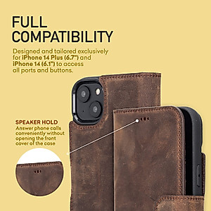Bayelon Case for iPhone 14, Full Grain Leather Wallet Case, [2in1], Detachable Magnetic Flip Cover with Card Slots, Kickstand, MagSafe Compatible (Dark Brown)