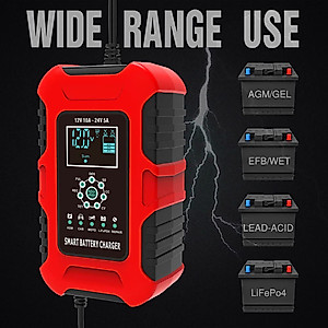 Foxsur 10-Amp 7-Stage Car Battery Charger for Wet/GEL/SLA/LiFePO4/Lead-Acid/AGM Batteries, 12V/ 24V Smart Battery Charger/Maintainer, for ATVs/Golf Cart/Motorcycle/Automobile/Marine etc Quick Charger