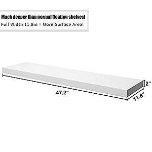 WELLAND 12" Deep White Floating Shelves, Floating Shelf Wall Shelf Display Floating Shelf, 47.24" L x 11.81" D x 2" T, Deeper Than Others, White