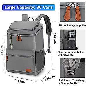 Voova Backpack Cooler Insulated Waterproof Leakproof Cooler Back Pack, Portable Soft Sided Coolers Bookbag for Men Women to Beach Lunch Picnic Camping Hiking Fishing Travel Trips, 30 Cans,Grey