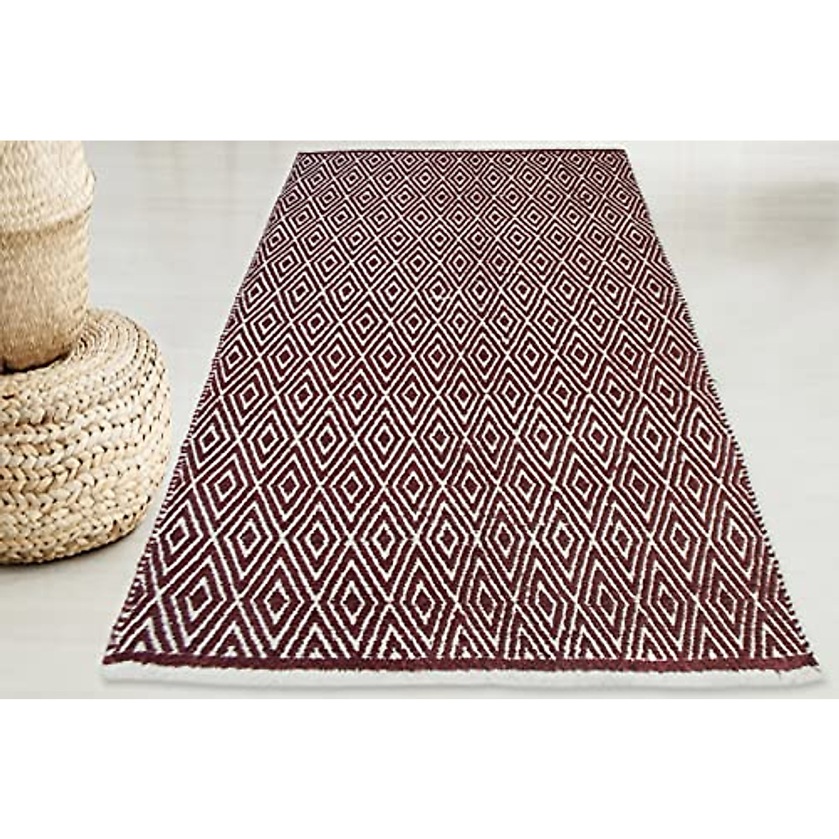 Chardin home 100% Cotton Diamond 3x5 Area Rug Fully Reversible, Machine Washable, Brick Red-Ivory