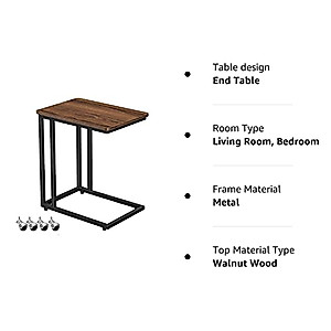 VASAGLE End Table, C Shaped TV Tray with Metal Frame Rolling Casters, Industrial Side Table for Living Room Bedroom, 19.7 x 13.8 x 23.6 Inches, Dark Walnut and Black