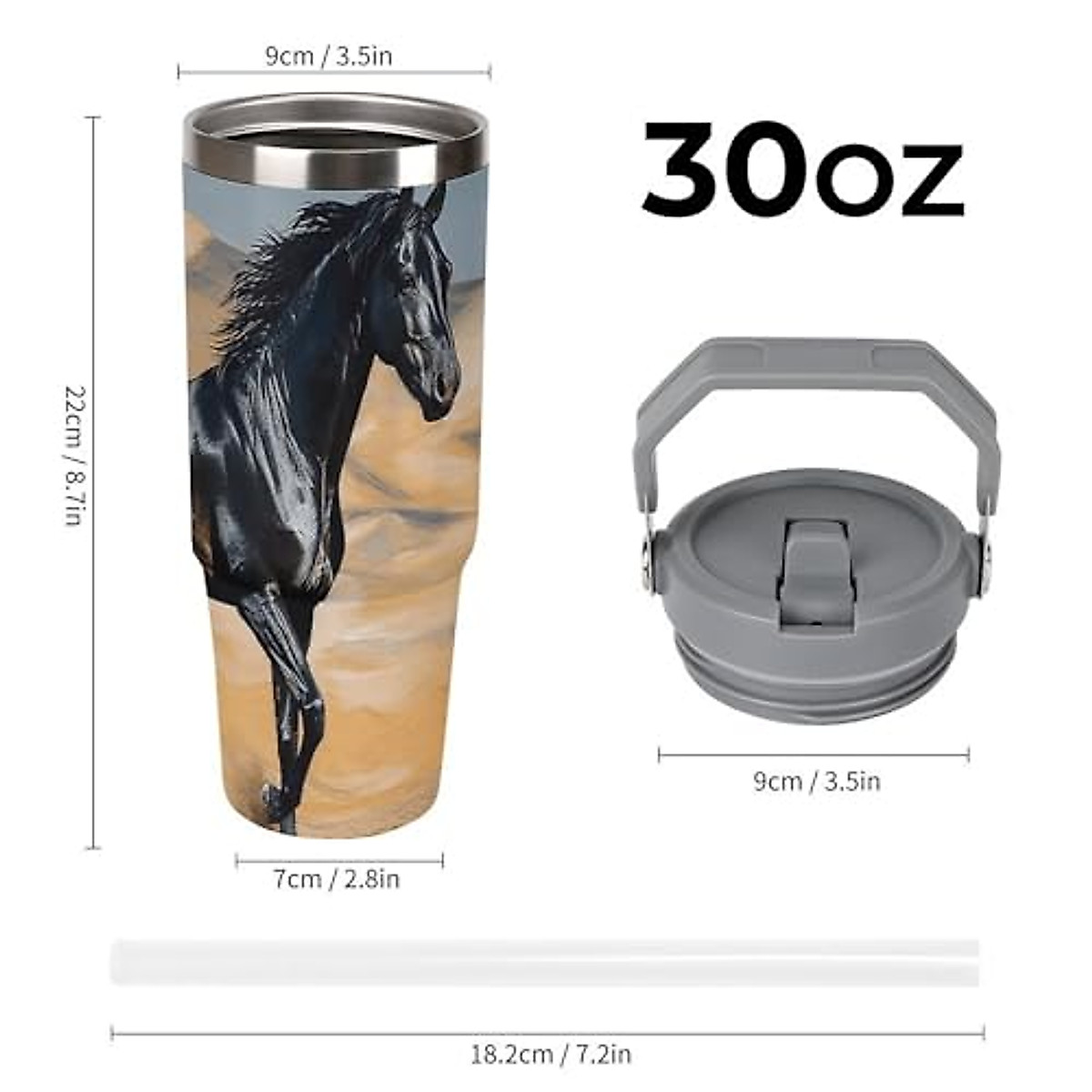 WITHSBKK 30oz Car Cup Black Arabian Horse Printed with Portable, Stainless Steel Travel Mug, Vacuum Insulated Tumbler And Straw, Leakproof for Car & Outdoor, UV Printed Design