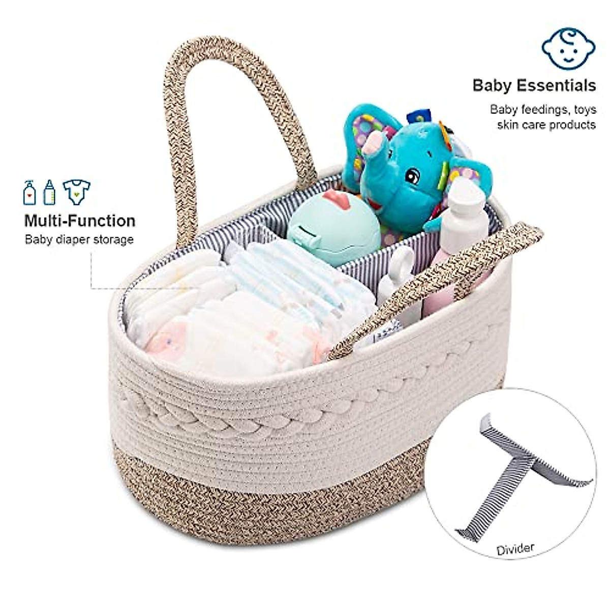 YeaYee Baby Diaper Caddy Organizer, Portable Nursery Storage Basket with Changeable Compartments, 100% Cotton Woven Rope Baskets, Car & Changing Table Tote, Newborn Gift