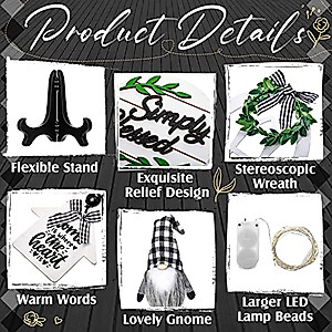 10 Pieces Farmhouse Decor for Tiered Tray, Black White Buffalo Plaid Wooden Mini Sign Rustic Ornaments with String Lights for Kitchen Table Decoration, Housewarming Gift(Gnome Style)