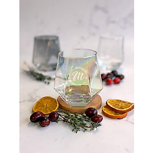 Customizable Monogram 11.5 Oz Etched Stemless Diamond Shaped Stemless Wine Glass Engraved Personalized with Initial and Name, Geometric Rocks Whiskey Glass (2 Pack)
