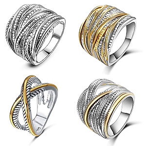 CASDAN 4Pcs Intertwined Crossover Statement Ring for Women Fashion Wrap Chunky Rings Twine Twisted Cable Wide Statement Band Ring for Men, Size 9