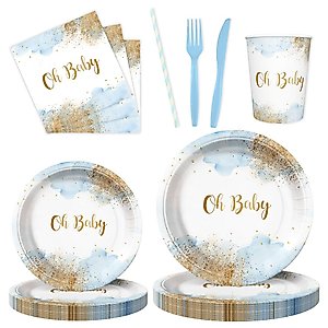 AIBIIN 112 PCS Baby Shower Party Plates Decorations for Boy Blue Watercolor Pastel Party Supplies Disposable Dinnerware Oh Baby Newborn Baby Shower Paper Plates Napkins Cups Serves 16 Guests