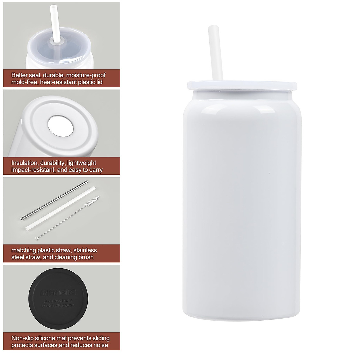 JYLJINGYULI 12 Pack 16 oz Sublimation Tumblers Blanks Glass Cups with Cup lid and straw,Stainless Steel double wall insulated Cups Blank, for Craft DIY