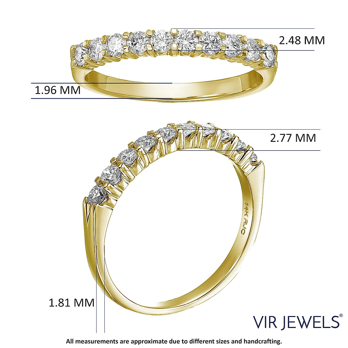 Vir Jewels 1/2 carat (ctw) Diamond Wedding Anniversary Band for Women, Round Diamond Engagement Ring 14K Yellow Gold 10 Stones Prong Set 0.50 cttw I1-I2, Size 8