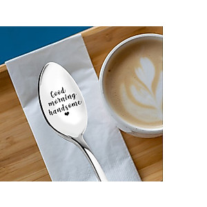 Weefair Good Morning Handsome | Gift for Him | Valentine's Day Gift | Long Distance Gifts | Engraved Spoon 7'' | Christmas Stocking Stuffer, Silver