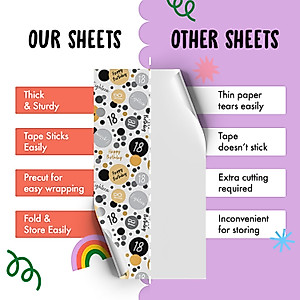 CENTRAL 23 Girls Wrapping Paper - 6 Sheets of Gift Wrap - 18th Birthday Wrapping Paper for Men Women - Black Gold - Dots - Age 18 - For Friends - Comes with Fun Stickers