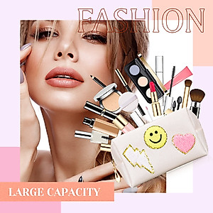 9 Pieces Preppy Patch Makeup Bag Chenille Letters Cosmetic Bag Smile Lightning Heart Pu Leather Portable Waterproof Toiletry Bag Travel Makeup Bag for Women (Gold, Smile, Lightning, Heart)