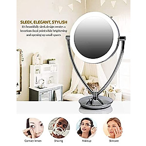 Ovente 8" Lighted Tabletop Makeup Mirror with 1X/10X Magnification, Double-Sided Magnifying Vanity Mirror, Dimmable LED Lights, 360° Swivel Design and Dual Power Supply, Polished Chrome MLT75CH1X10X