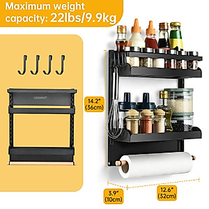 aceyoon Magnetic Spice Rack for Refrigerator, 2-Tier Magnet Kitchen Organizer, 2-in-1 Fridge Magnet Kitchen Wall Organizer with Paper Towel Holder for Store Spices, Jar of Olive Oil (Black)