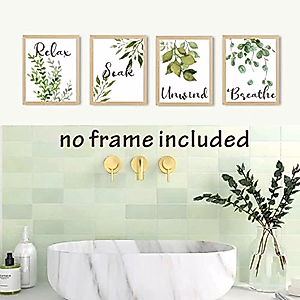 Nelly Story Relax Soak Unwind Breathe Green Leaf Bathroom Wall Decor Set of 4 Washroom Toilet Decor Botanical Art Prints Green Leaves Poster Green Bathroom Art Eucalyptus Wall Decor (8x10inch) Unframed
