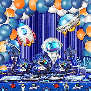 SCIONE Space Party Decorations,199Pcs Outer Space Themed Galaxy Birthday Party Supplies,Plates,Napkins,Cups,Tablecloth,UFO Rocket Balloons for 16 Guests Boys Girls Astronaut Birthday Party Favors