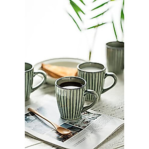 LAUCHUH Coffee Mug Set, Porcelain Fluted Mug 12 Oz Coffee Mugs with Large Handle for Coffee, Tea, Milk, Cocoa, Cereal, Father Day Gifts, Green Framhouse Style for Christmas, Set of 6