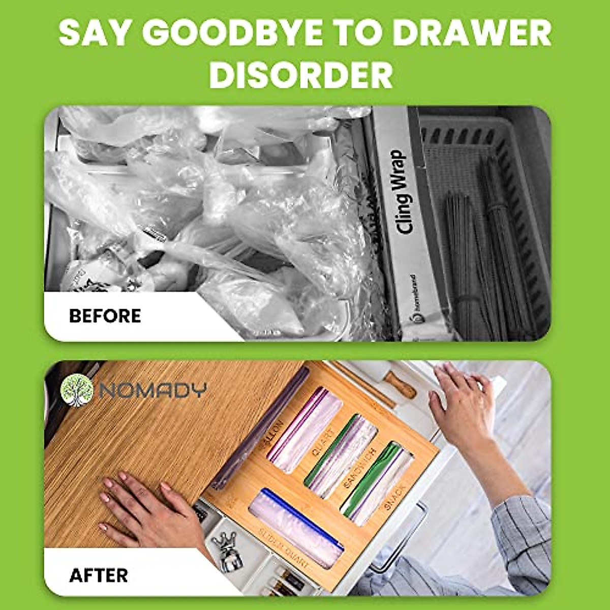 Ziplock Bag Storage Organizer w/ 5 Compartments – Water Resistant Bamboo Ziplock Bag Organizer for Drawer – Gallon, Snack, Quart, Sandwich, Slider Quart Snack Organizer - Kitchen Accessories Organizer