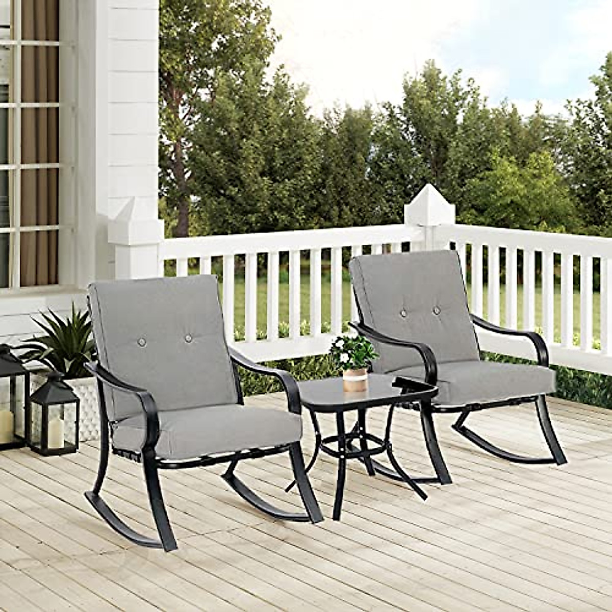Oakmont Outdoor Furniture 3 Piece Conversation Bistro Set Rocking Chairs and Glass Top Table, Thick Cushions, Black Steel (Grey)