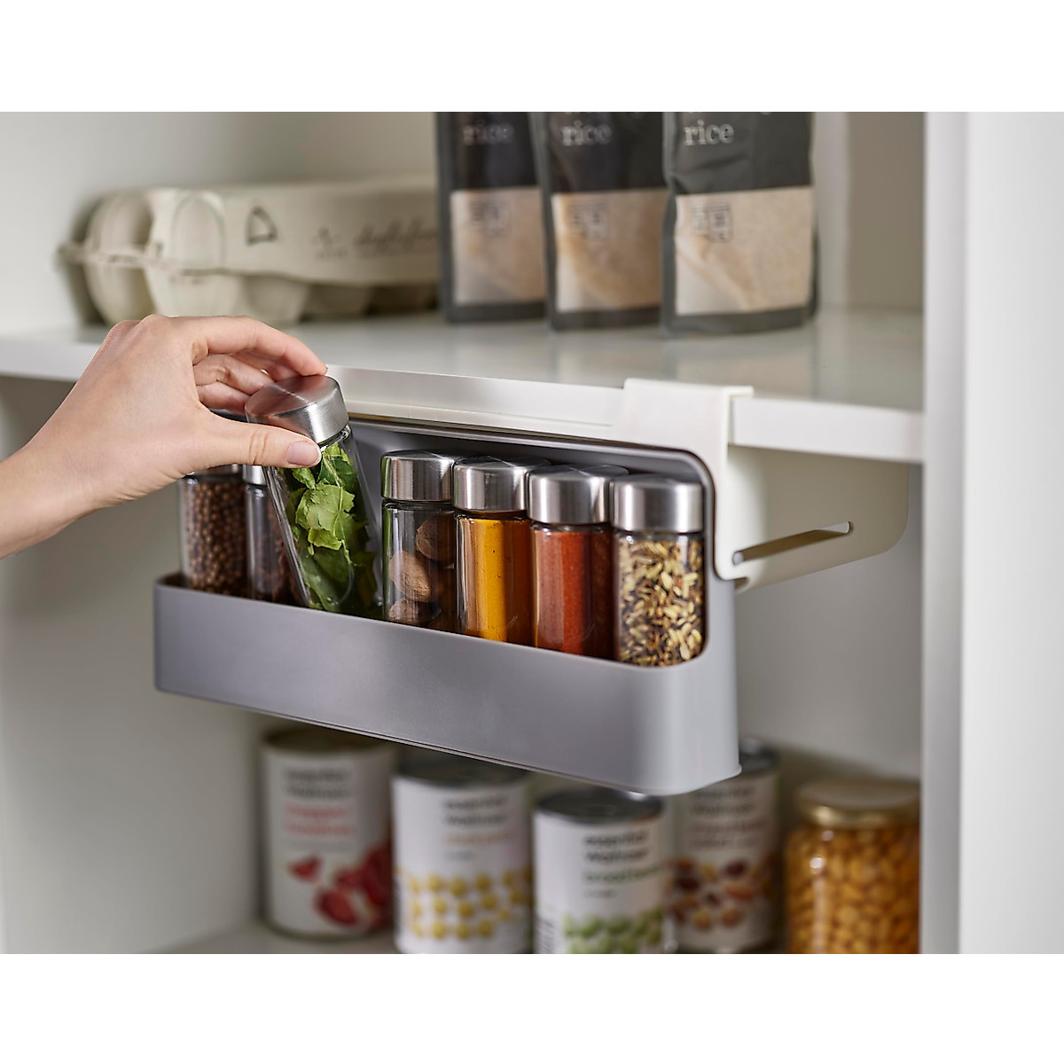 Joseph Joseph CupboardStore Spice Organizer 3M Tape Under-Shelf Pull Out Drawer Storage for Cabinet, One-size, Gray/White