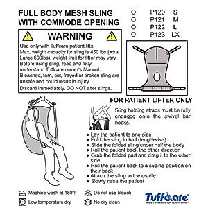 Tuffcare Full Body Shower/Bath Commode Sling Compatible with Hoyer, Invacare, McKesson, Drive, Lumex, Medline, Joerns and Other Patient Lifts, Oversize Fit Mesh Polyester Slings (X-Large)