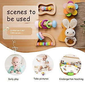 Wooden Baby Rattle Toys 5 PCS Rattle Set for Babies 0-6-12 Months Bunny Crochet Rattle Ring with Gift Box Wooden Montessori Toy for Newborn Infant Baby