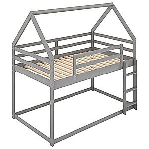 Twin Over Twin Low Bunk Bed, Wood House Bunk Bed Frame with Ladder, Guardrail and Roofs Floor Bunk Bed for Kids, Teens, Girls, Boys,Gray