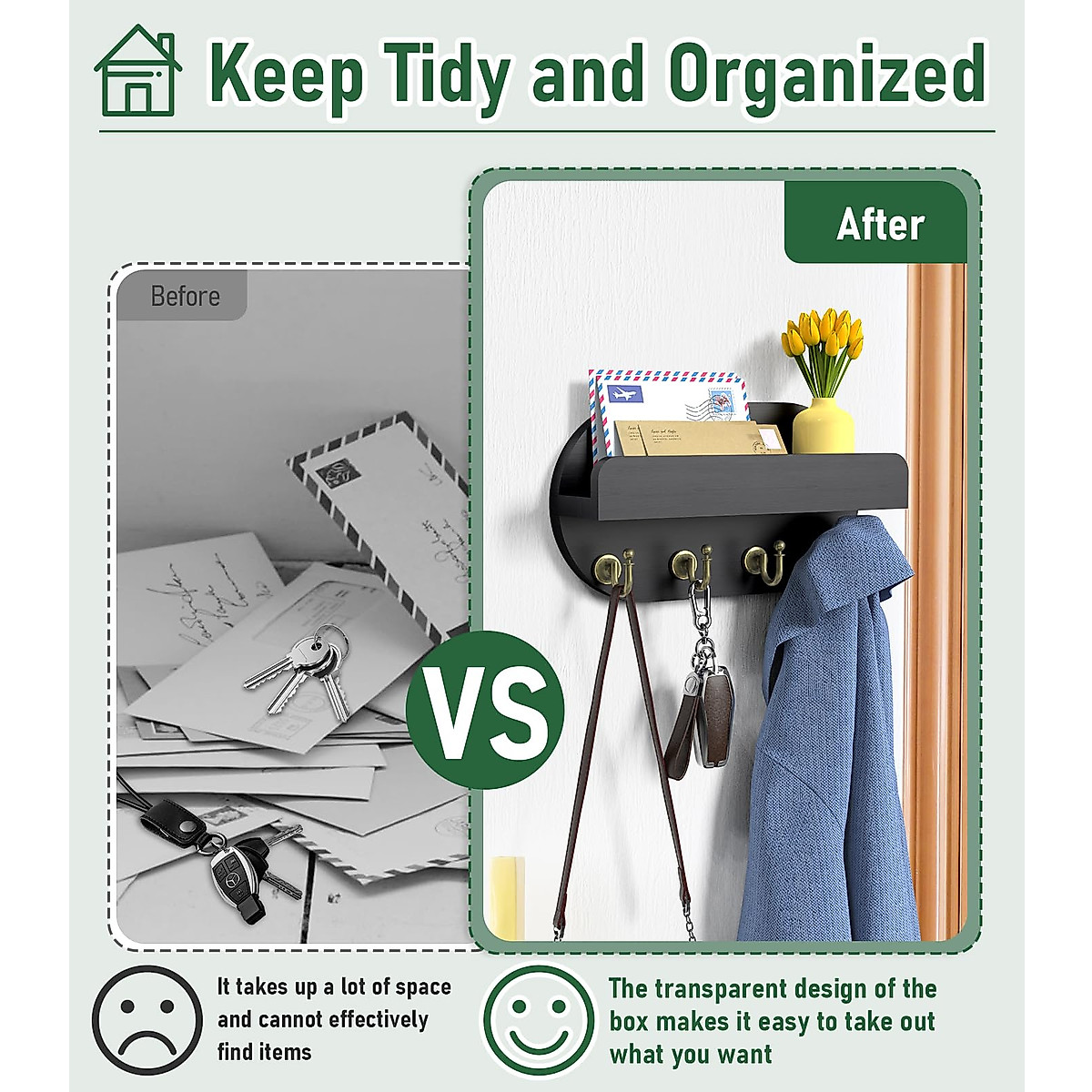 buways Key Holder Wall Mount,Key Holder for Wall Decorative Key and Mail Holder with Shelf,Modern Key Rack for Home Wall Decor for Apartment Office Entryway Front Door Living Room (Stylish Black)