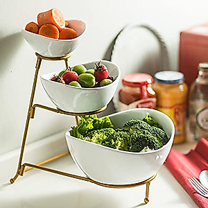 YHOSSEUN 3 Tier Serving Stand Oval Serving Bowl with Metal Rack, Tied Serving Tray Food Display Dessert Appetizer, Serving Bowl Fruit Chip Dip Bowl Set for Parties, Gold