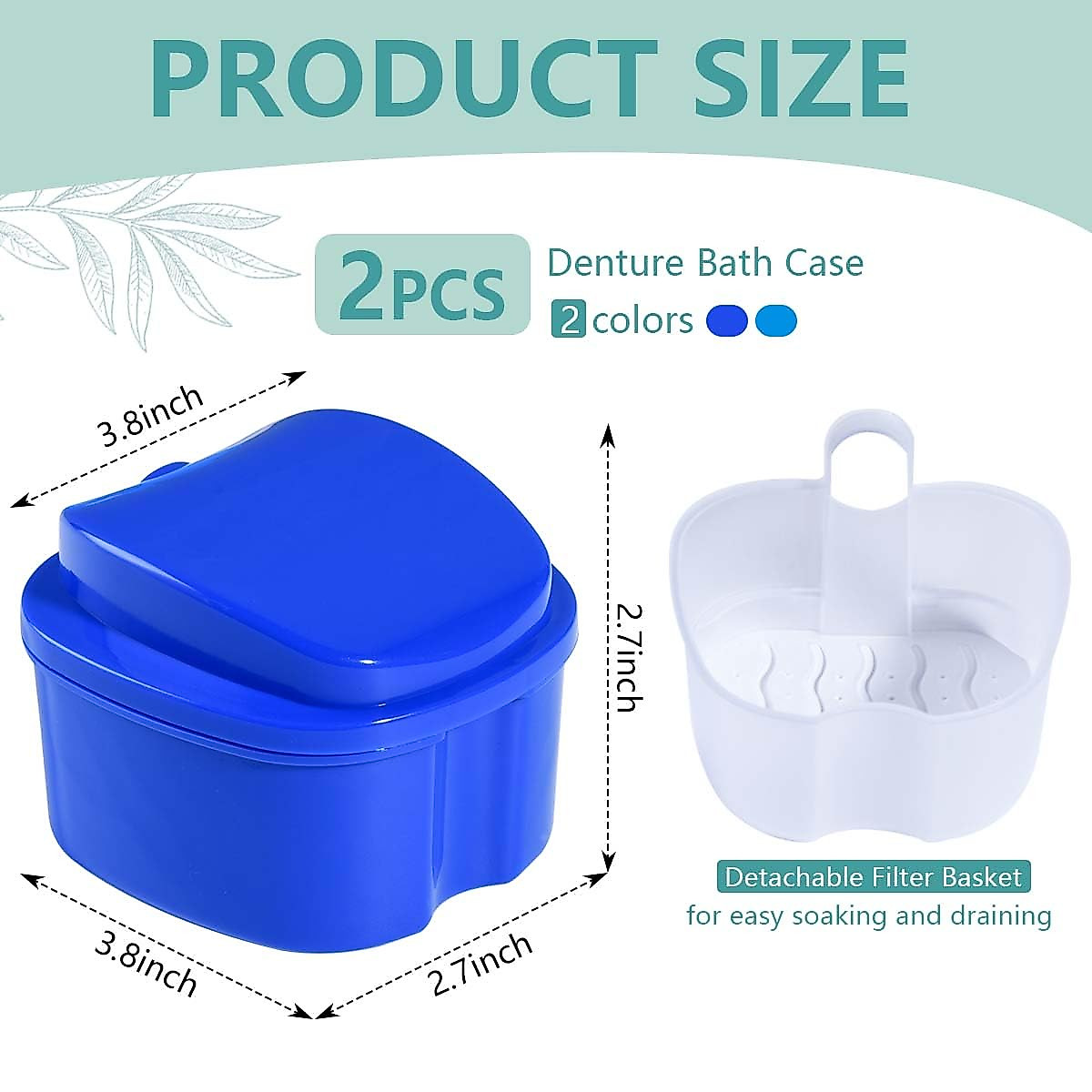 OBTANIM 2 Pack Denture Bath Cup Case Box Holder Storage Soak Container with Strainer Basket for RetainersTravel False Teeth Cleaning (Blue, Green)