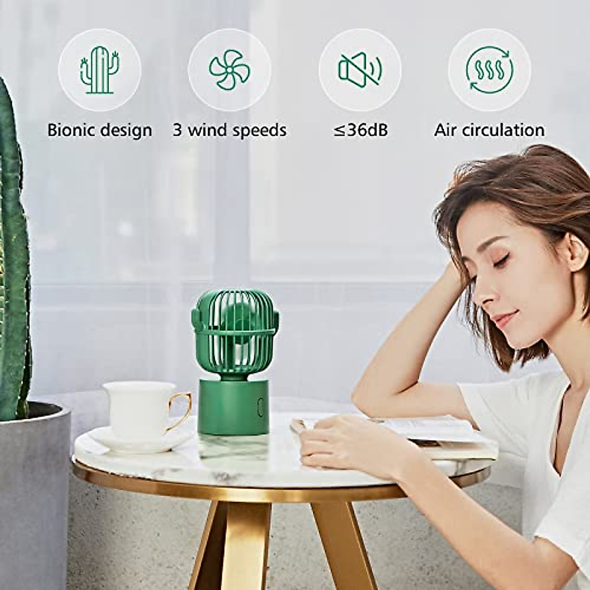 Bilibala Cute Cactus USB Fan, Small Quiet Desk Fan, 80° Rotation Oscillating Fan, 3 Speeds Strong Airflow, Portable Fan for Bedroom, Office, Home, Personal Fan for Desktop Decor, Green Mini Table Fan