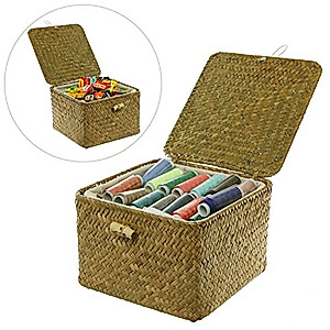 MyGift Decorative Handwoven Rattan Small Storage Basket with Lid and Removable Fabric Liner