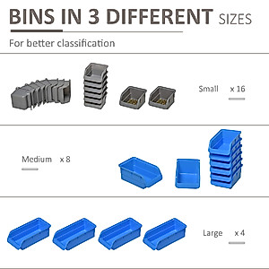 DURHAND 44 Piece Wall Mounted Pegboard Tool Organizer Rack Kit with Various Sized Storage Bins, Pegboard, & Hooks, Blue